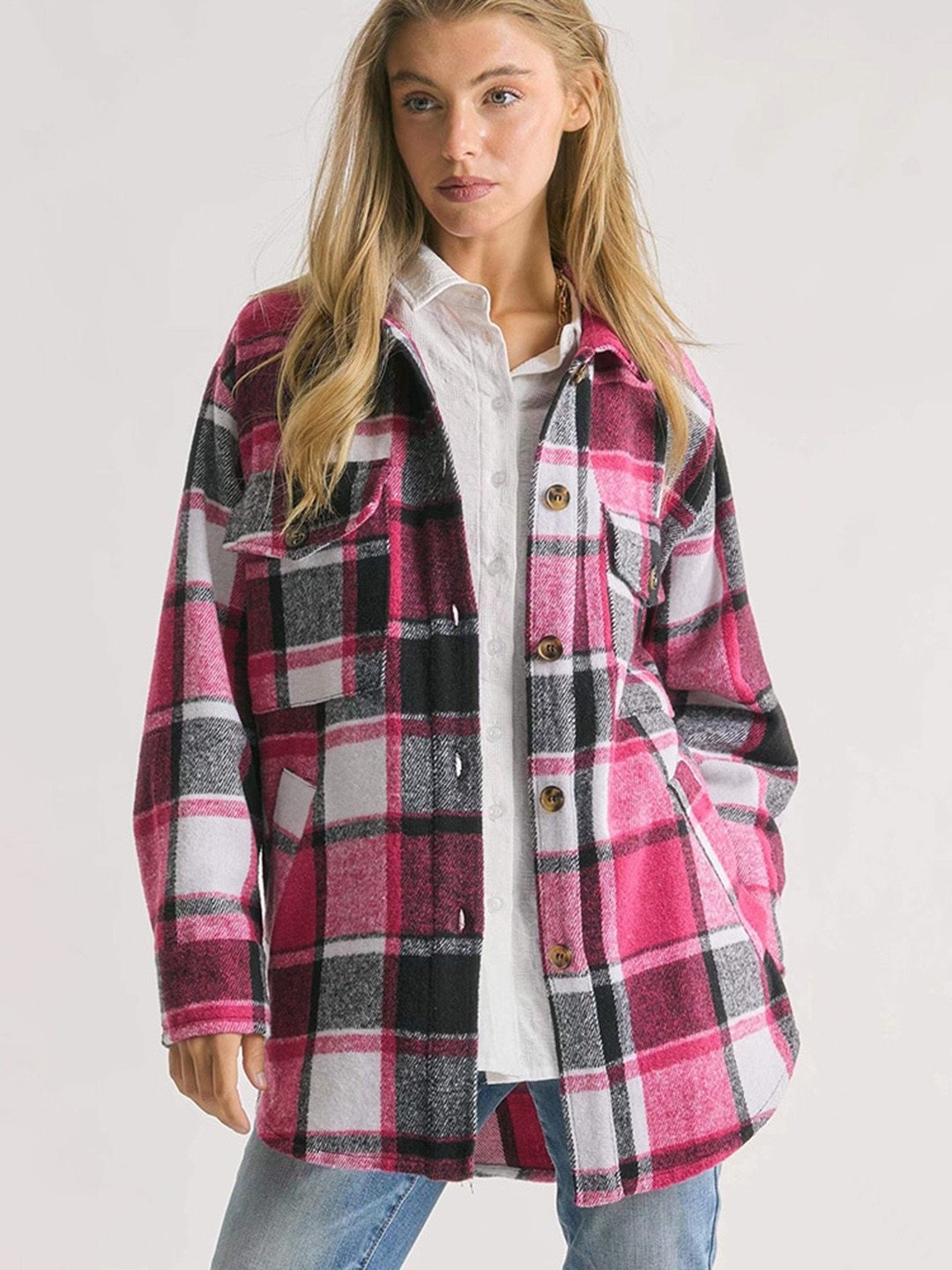 Buy StyleCast Fuchsia Checked Cotton Longline Shacket - Shackets for ...