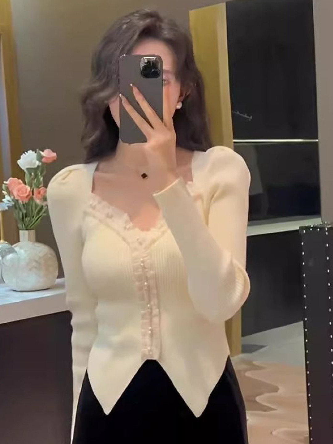 Buy KPOP Women Self Design Sweetheart Neck Long Sleeves Top - Tops for ...