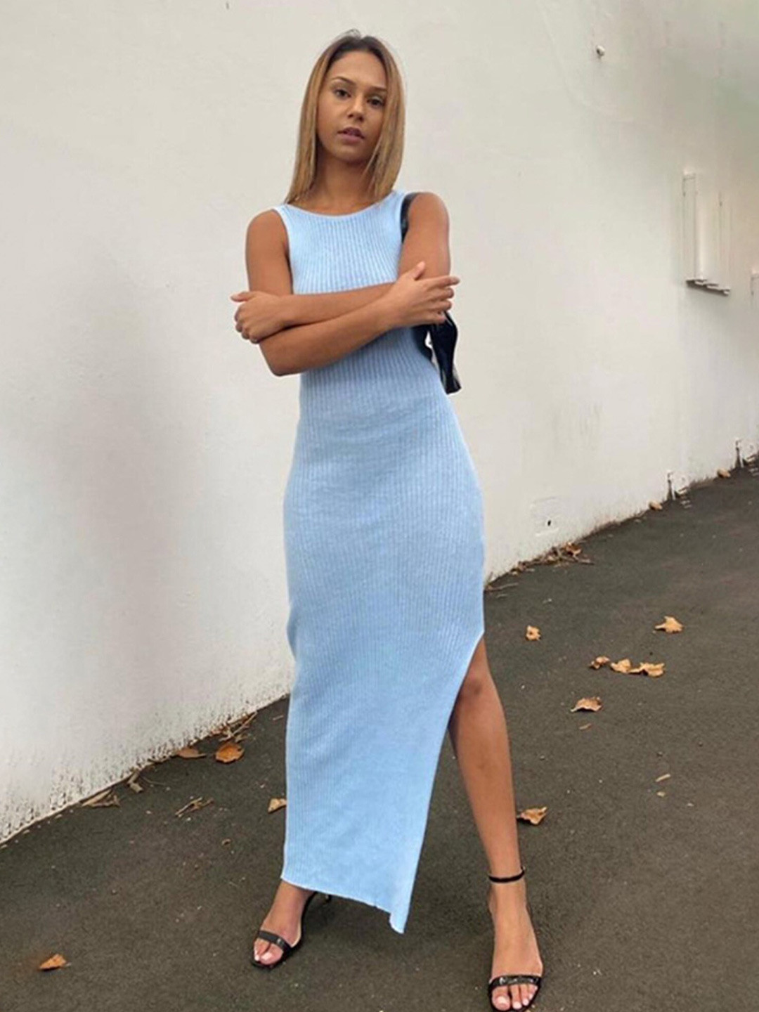 Buy LULU & SKY Blue Solid Sleeveless Midi Dress - Dresses for Women ...