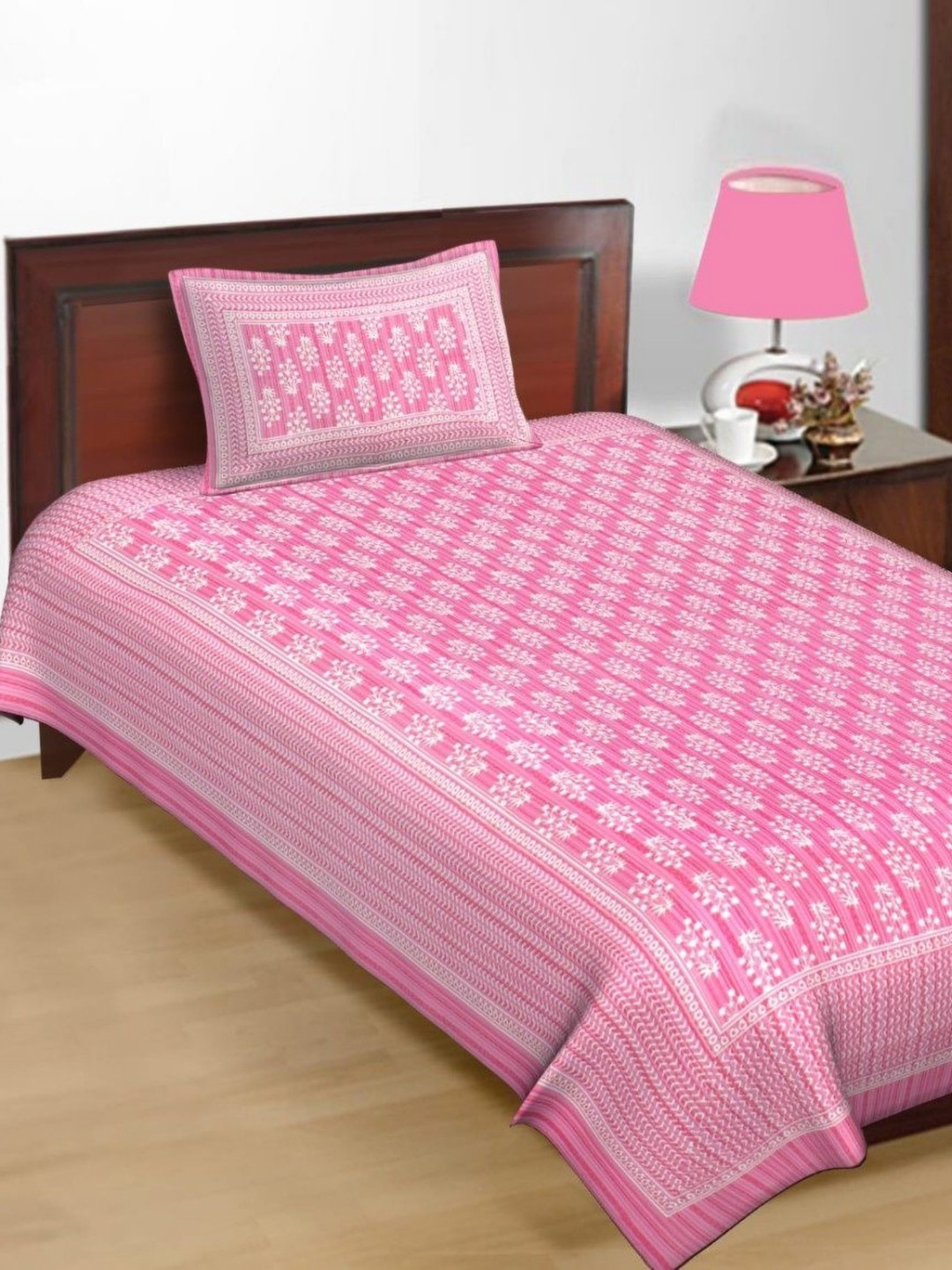 Buy Salgia Pink & White Printed 144 TC Single Bedsheet Sets 2.25 M X 1. ...
