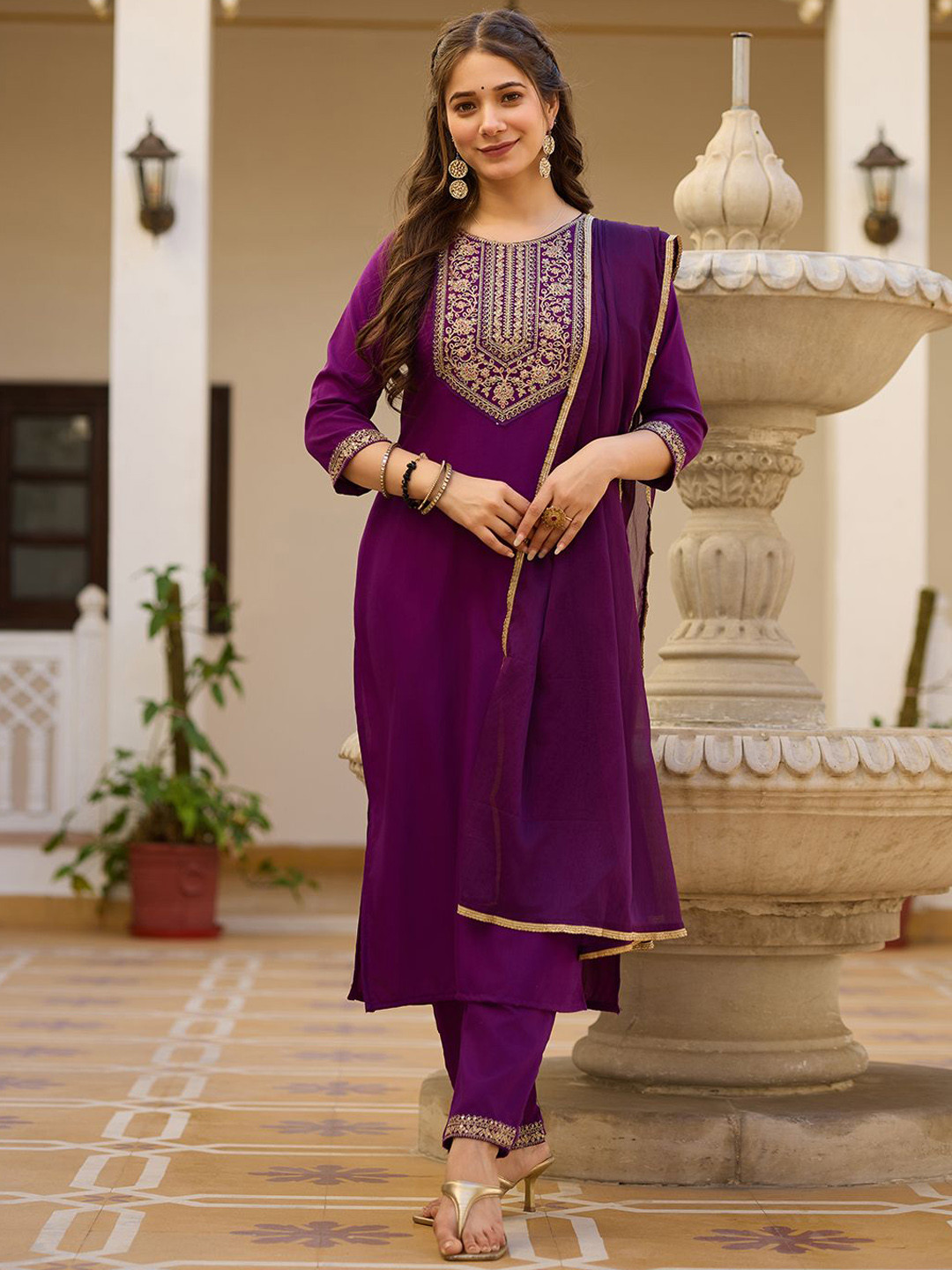 Buy Gilori Floral Yoke Design Sequnnied Georgette Straight Kurta With ...