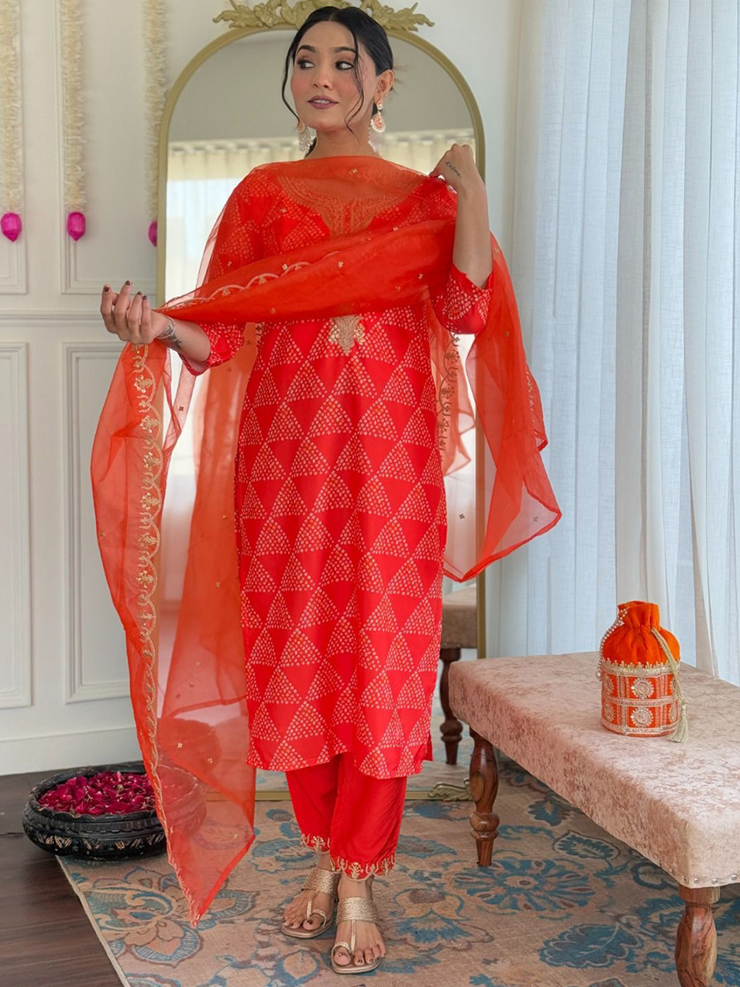 Buy Gilori Bandhani Printed Notch Neck Sequnnied Straight Kurta With ...