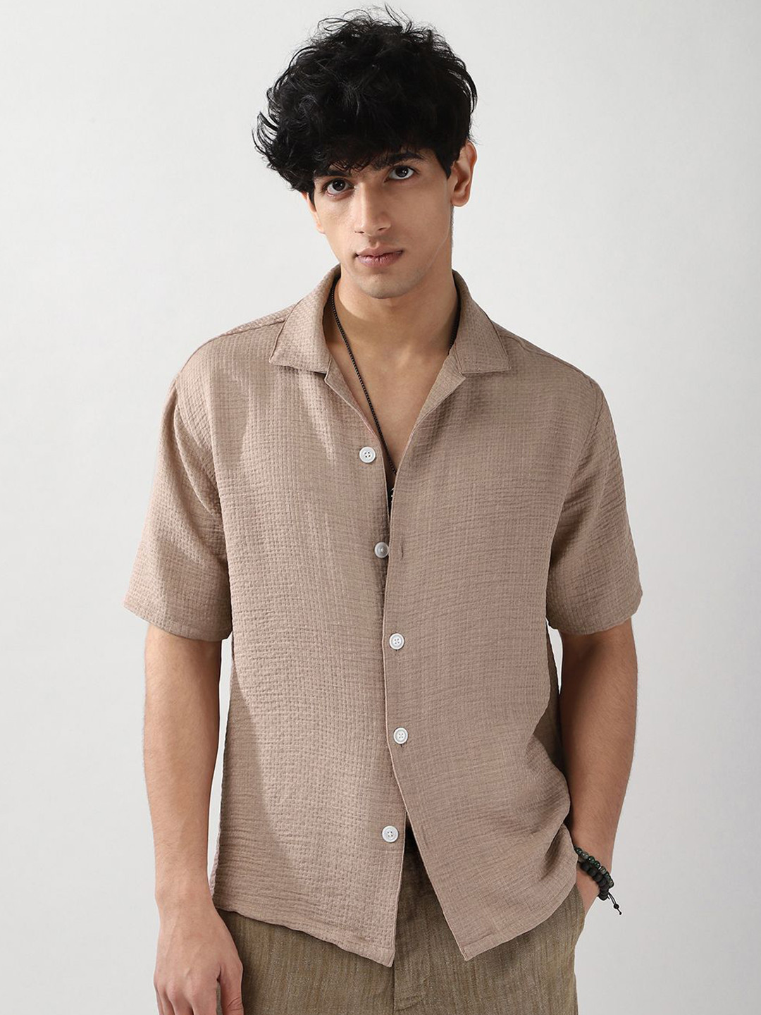 Buy Urbano Fashion Men Mocha Mousse Textured Cotton Half Sleeve Cuban ...