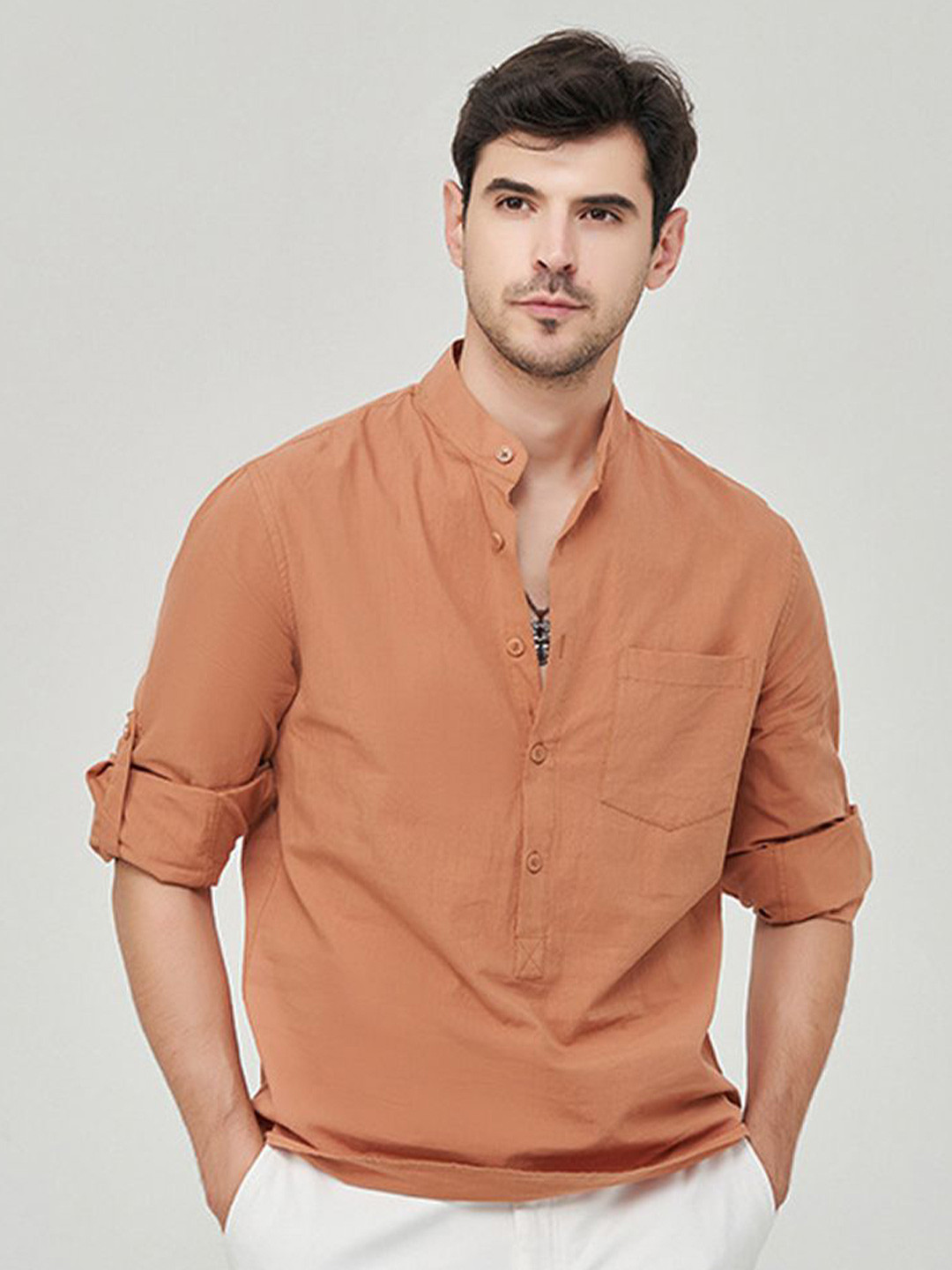 Buy StyleCast X Revolte Men Band Collar Solid Cotton Casual Shirt ...