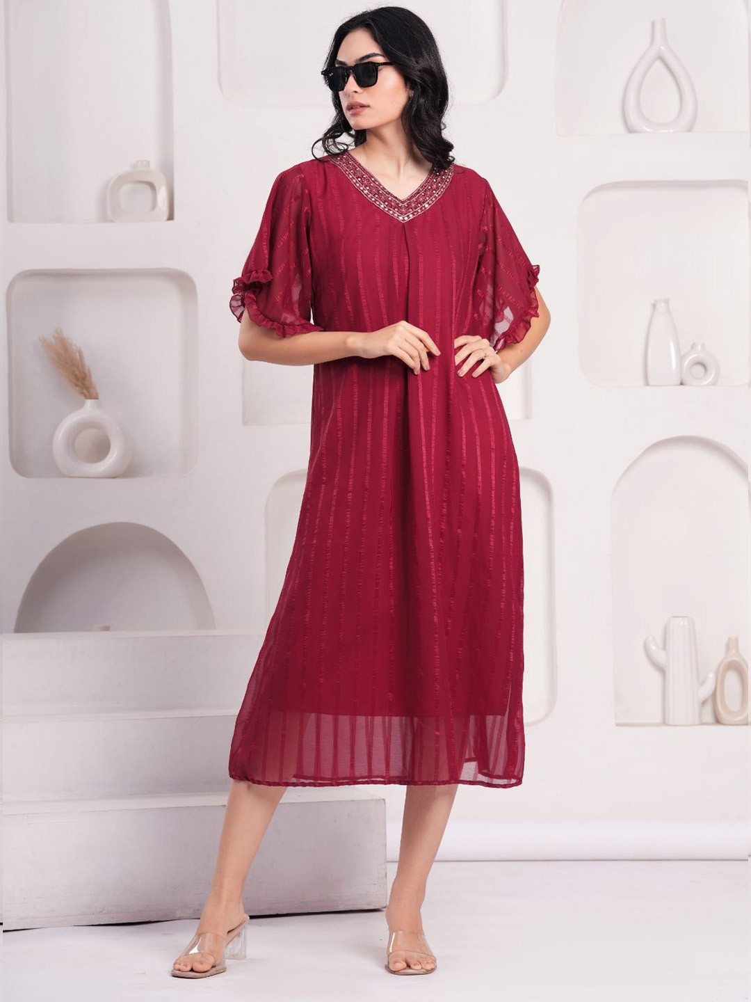 Buy HIGHLIGHT FASHION EXPORT Flared Sleeve Jacquard A Line Midi Dress ...