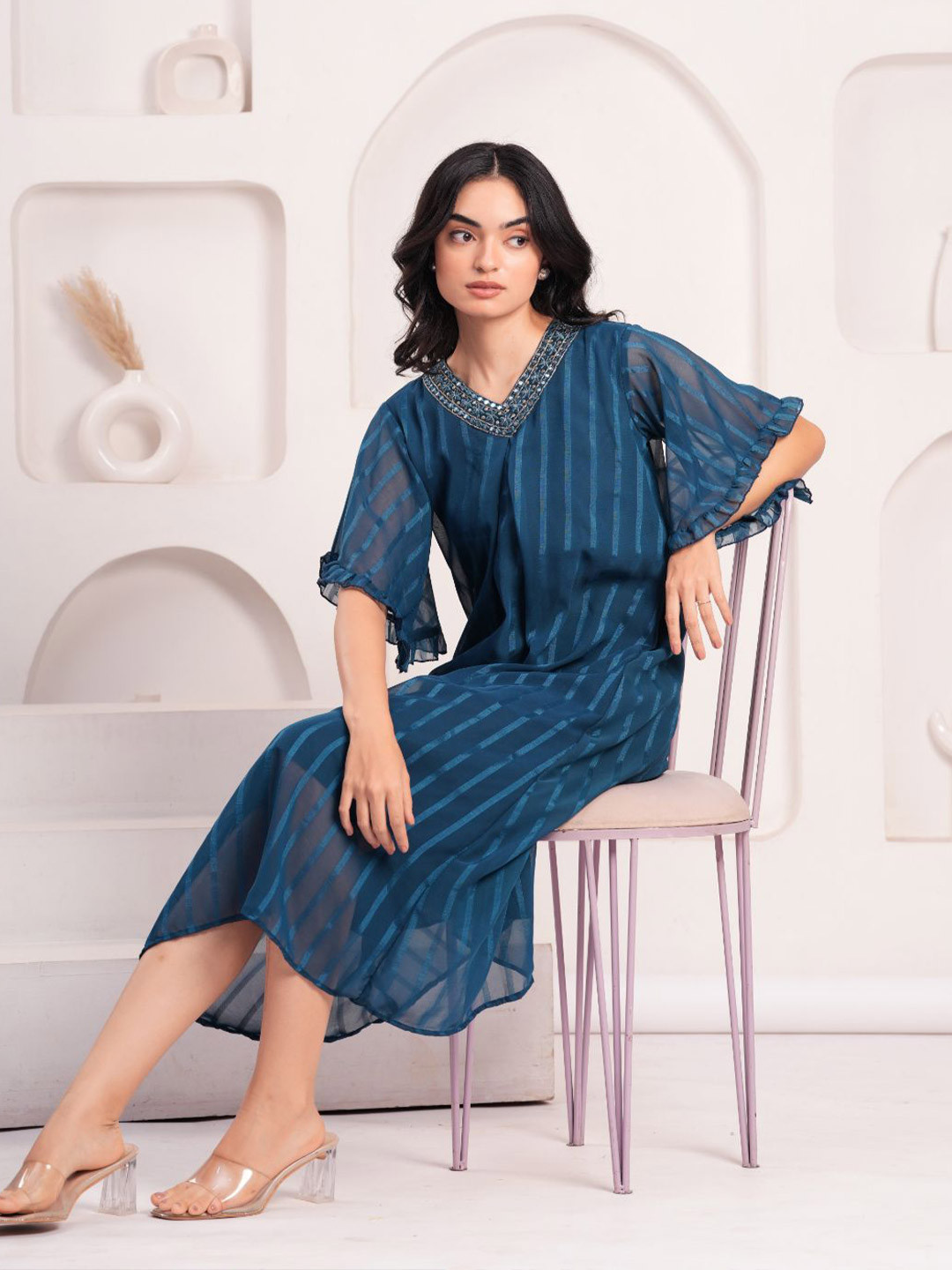 Buy HIGHLIGHT FASHION EXPORT Striped Flared Sleeves A Line Midi Dress ...