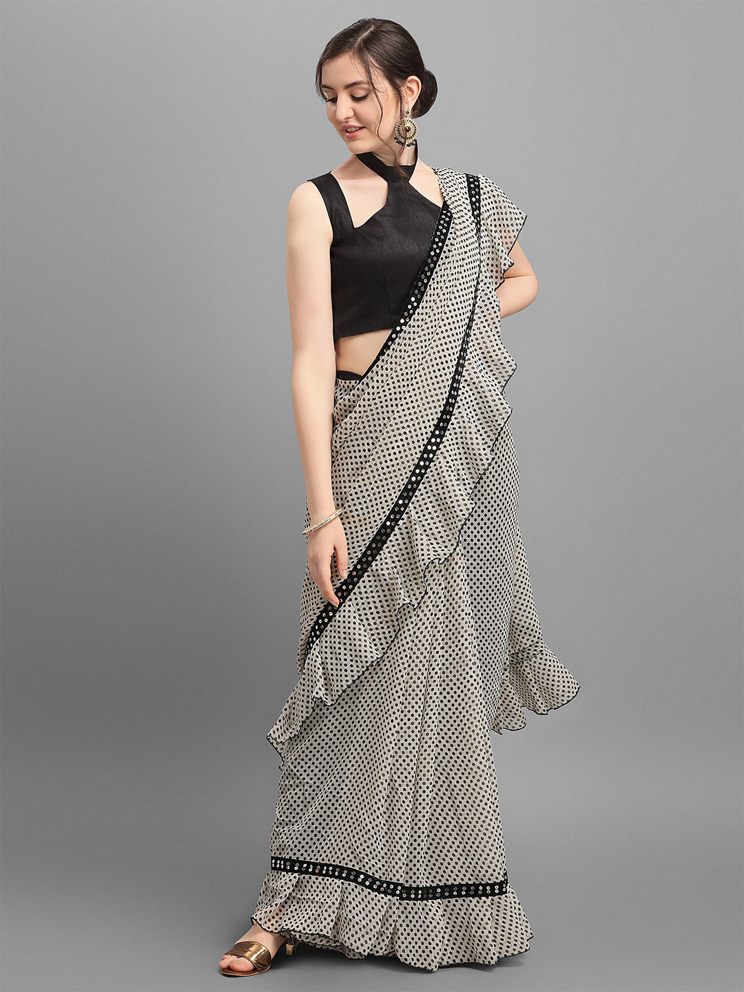 Buy Limtd Women Polka Dot Sequinned Pure Georgette Block Print Ready To ...