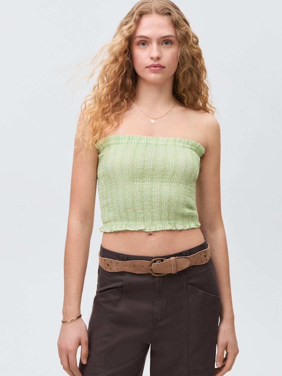 Buy MANGO Pure Cotton Ruched Tube Top With Ruffles - Tops for Women ...