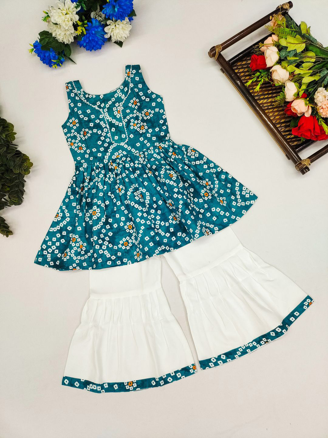 Buy Tejam Girls Bandhani Printed Kurta With Sharara - Kurta Sets for ...