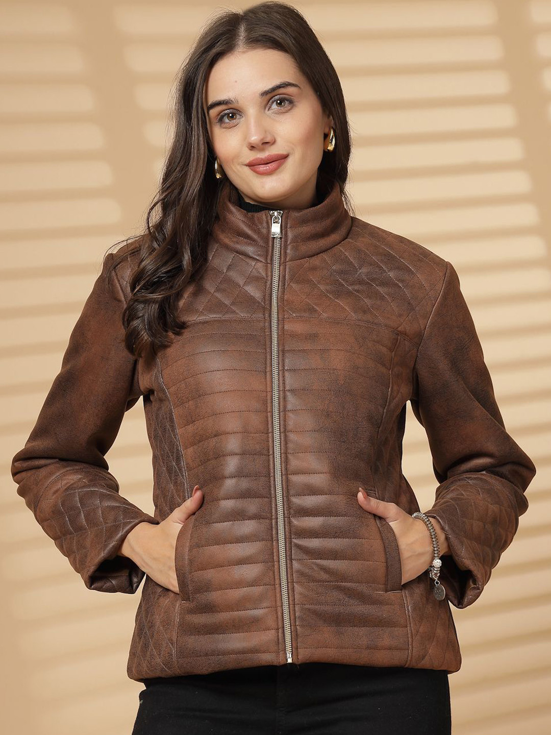 Buy Juelle Women Solid Mock Collar Winterwear Leather Jacket - Jackets ...