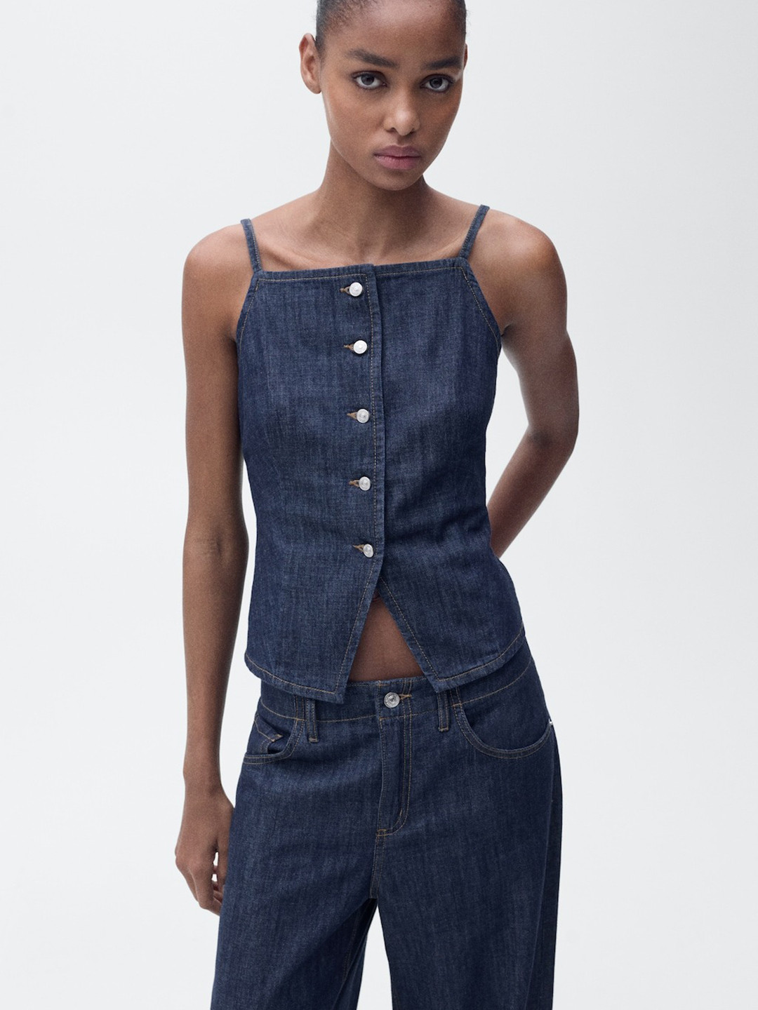 Buy MANGO Pure Cotton Shoulder Straps Front Open Denim Vest Top With ...