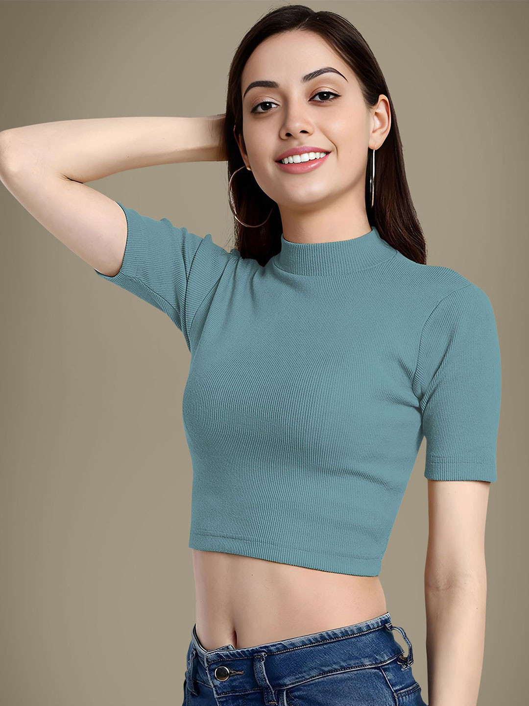 Buy Dream Beauty Fashion Bullet Ribbed High Neck Crop Fitted Top - Tops ...