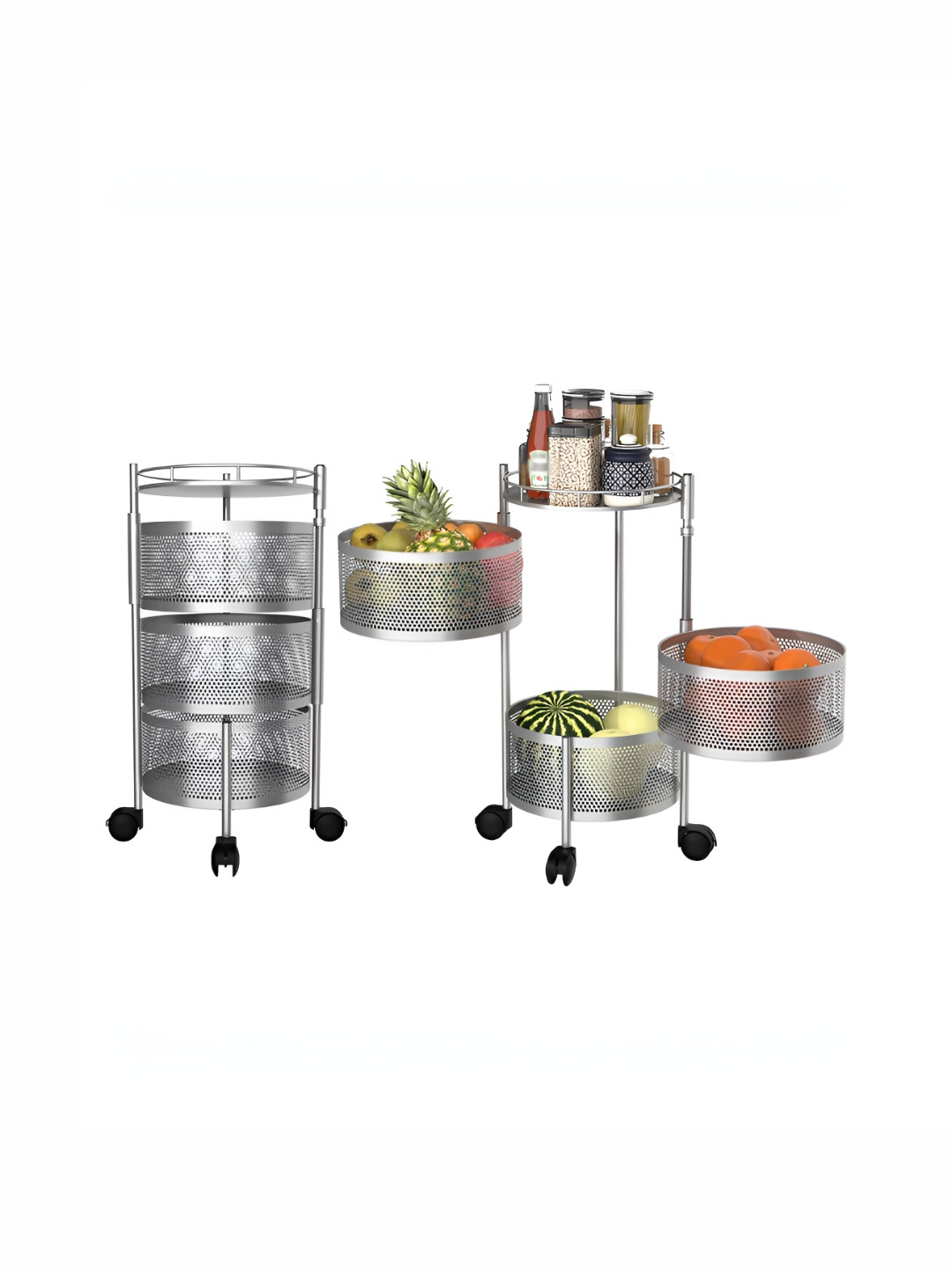 Buy Aura Silver Toned 2 Pcs 3 Tier Round Storage Rack Kitchen Trolley ...