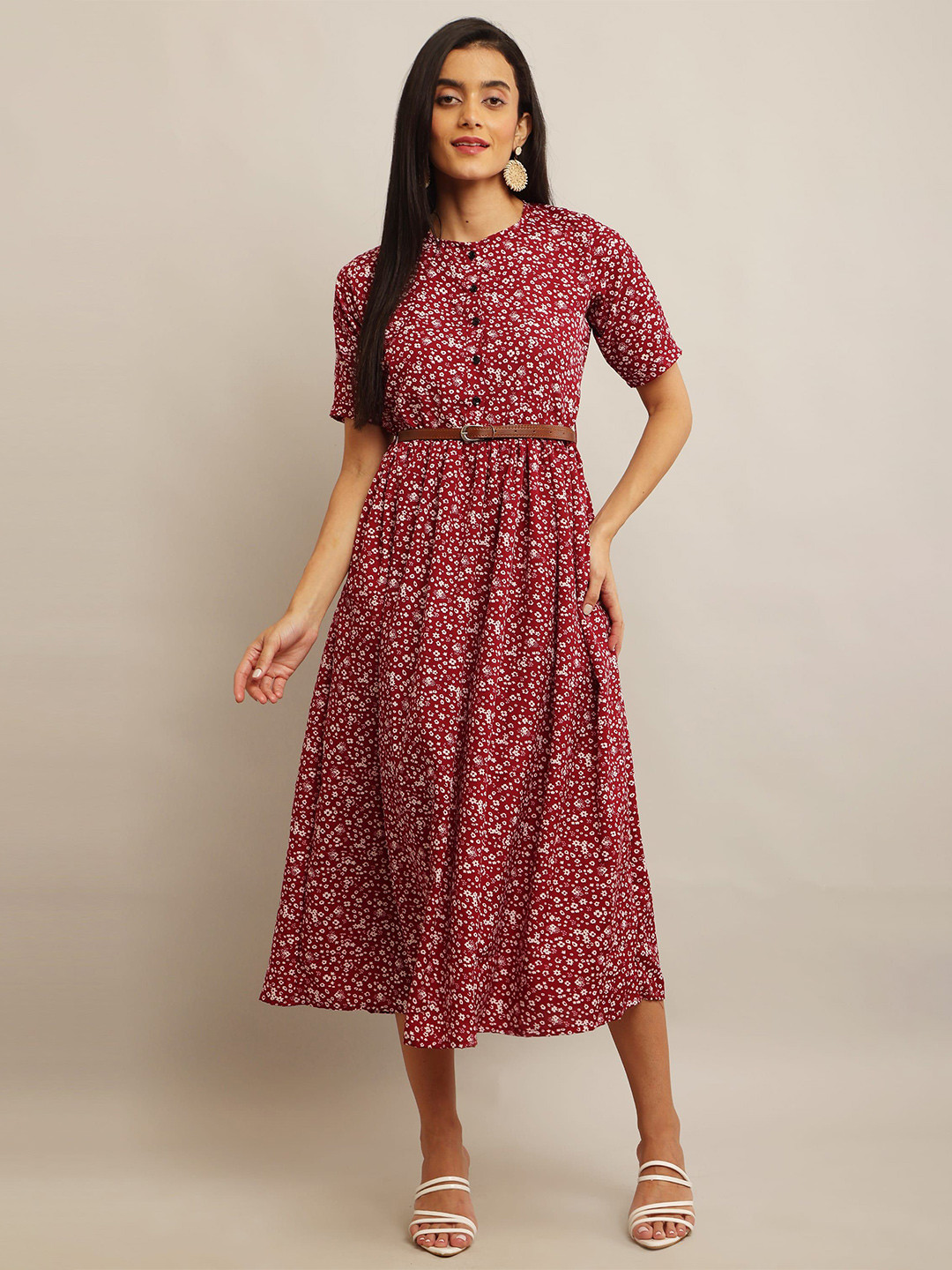 Buy Moda Rapido Women Floral Printed High Neck Fit & Flare Midi Dress ...