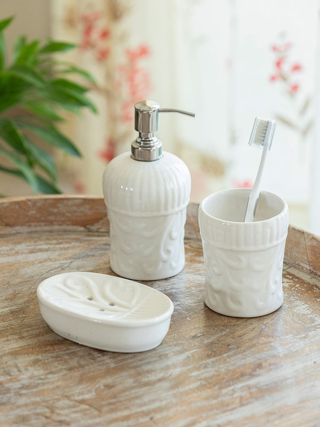 Buy ExclusiveLane Off White 3 PiecesFloral Ceramic Bath Accessories Set - Bathroom Accessories ...