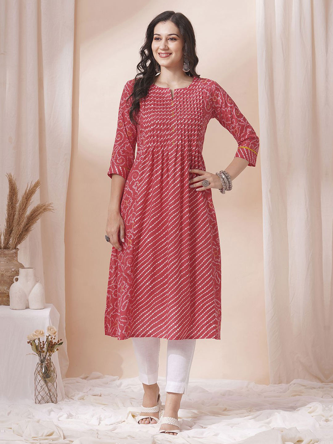 Buy KAMI KUBI Leheriya Printed Notch Neck Cotton A Line Kurta - Kurtas ...