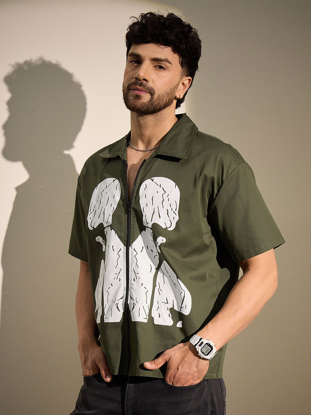 Buy FUGAZEE Abstract Printed Spread Collar Relaxed Fit Pure Cotton ...