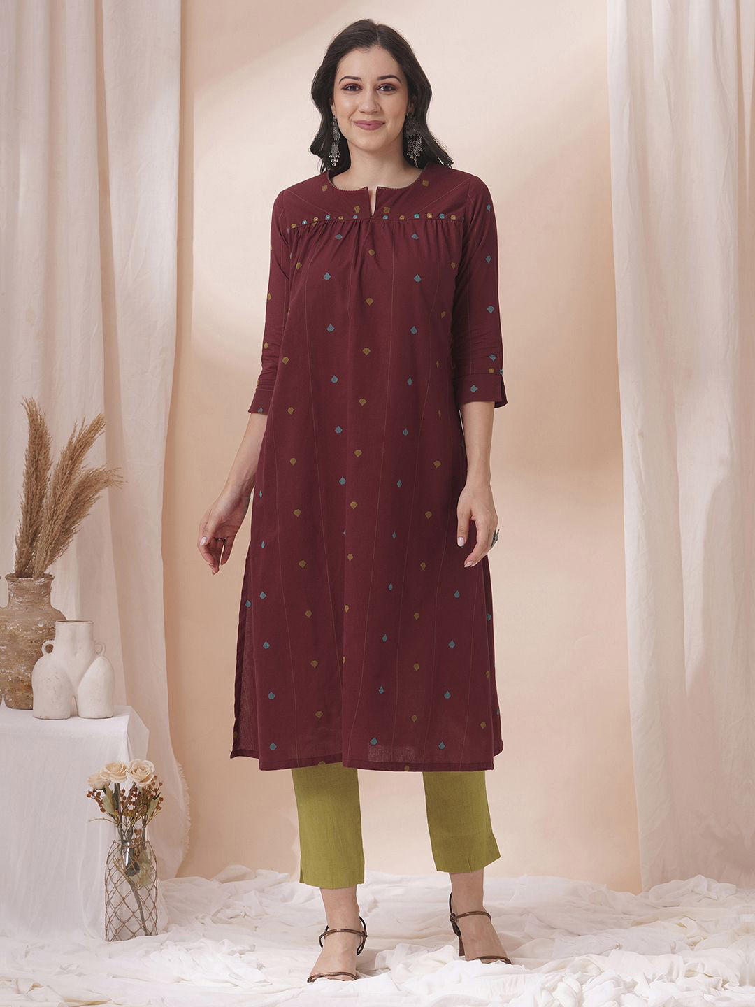 Buy KAMI KUBI Woven Design Notch Neck Cotton A Line Kurta - Kurtas for ...
