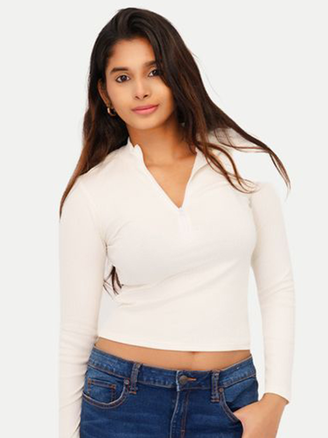 Buy Radprix Ribbed Polo Collar Long Sleeves Regular Fit Crop T Shirt ...
