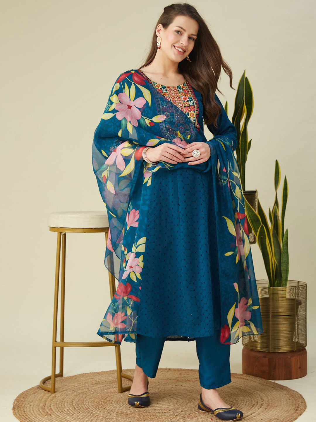 Buy Colors Of Earth Women Embroidered Regular Pure Cotton Kurta With ...