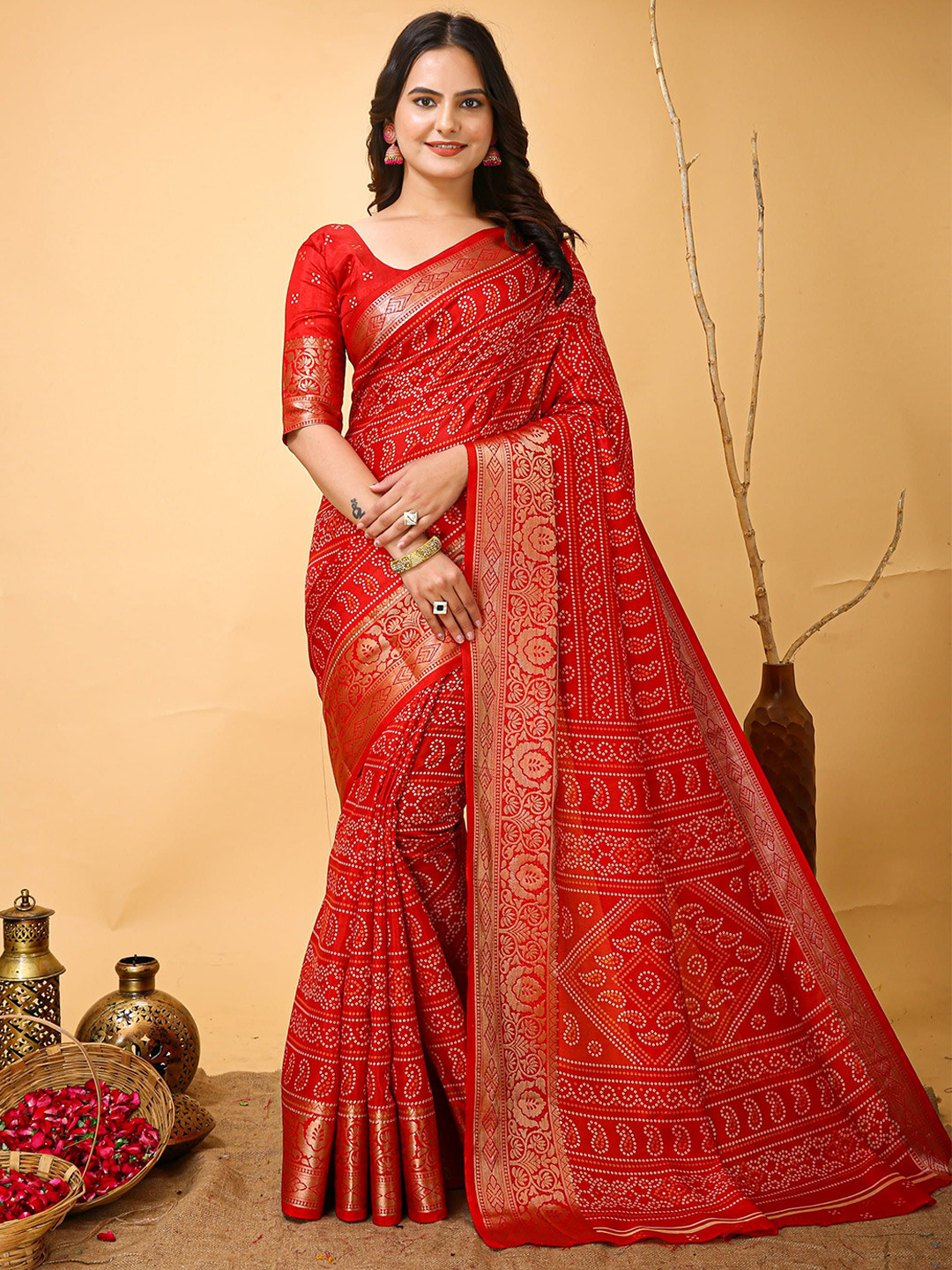 Buy HERE&NOW Bandhani Printed Zar Banarasi Saree - Sarees for Women ...