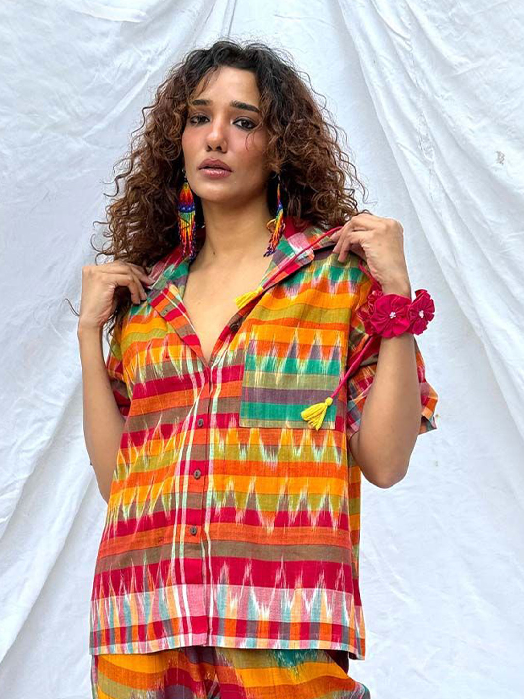 Buy Chidiyaa Gamcha Women Ikat Printed Shirt Collar Cotton Shirt Style ...