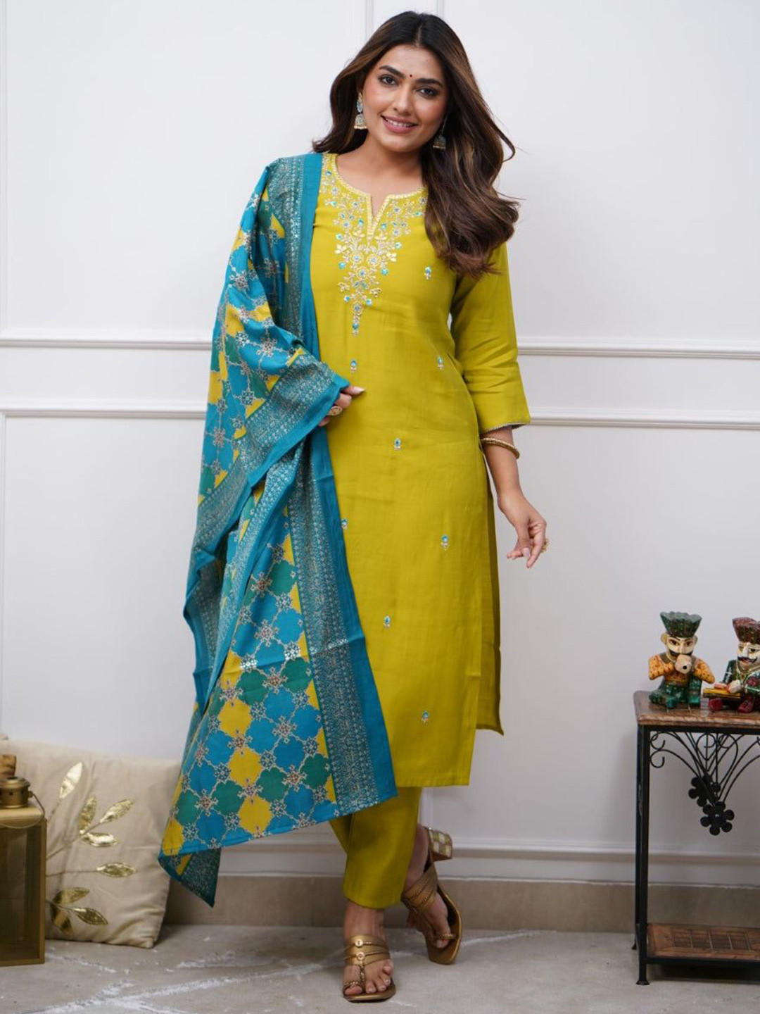 Buy Amrutam Fab Floral Yoke Design Notch Neck Sequinned Straight Kurta ...