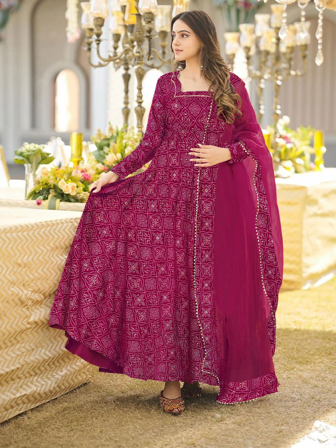 Buy ZestLeaf Women Bandhani Printed Square Neck Anarkali Dress With ...