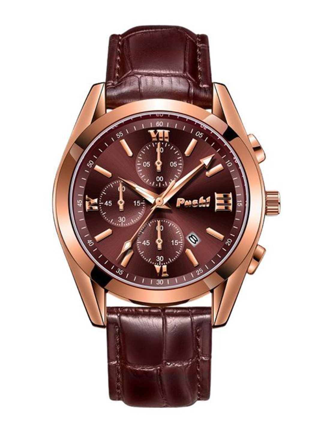 Buy Poshi Men Leather Strap Round Dial Water Resistant Quartz Watch ...
