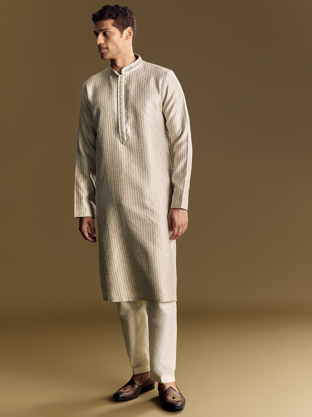 Buy KALKI Fashion Men Floral Embroidered Band Collar Regular Kurta With ...