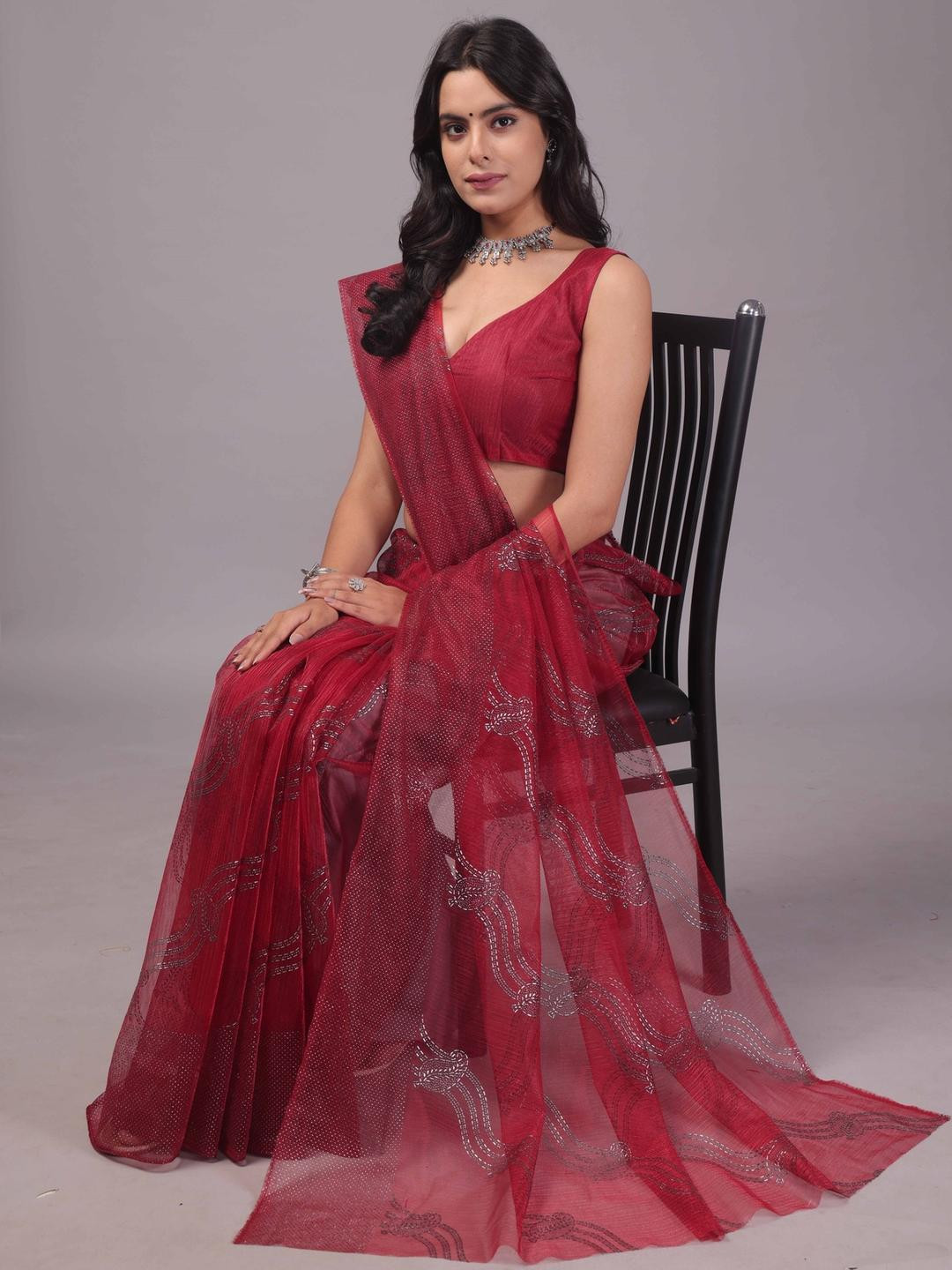 Buy PATTARI Maroon Embellished Net Sarees - Sarees for Women 36272333 ...