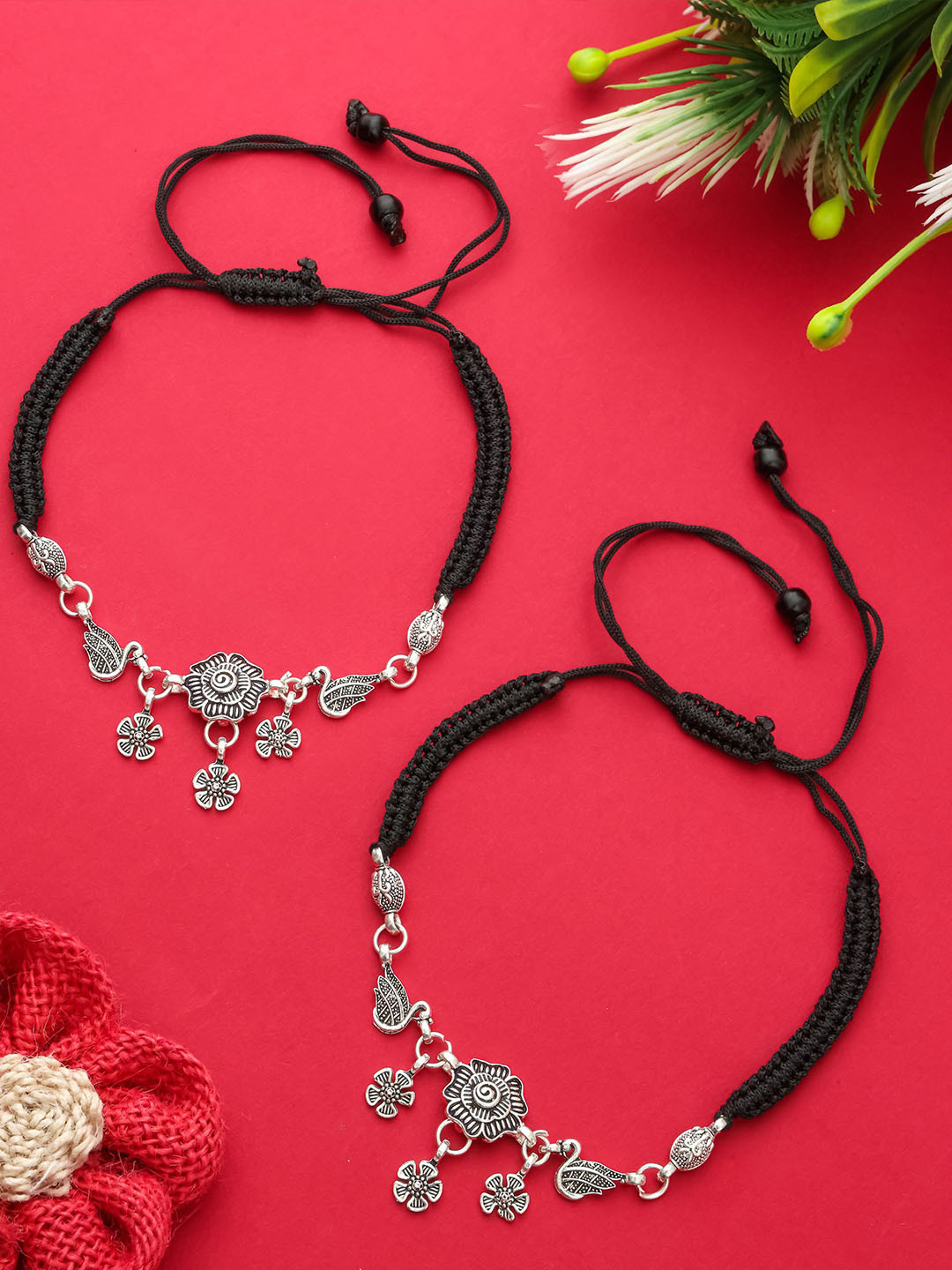 Buy SHREE KRISHNA SHOPPING Set Of 2 Silver Plated Adjustable Anklets ...