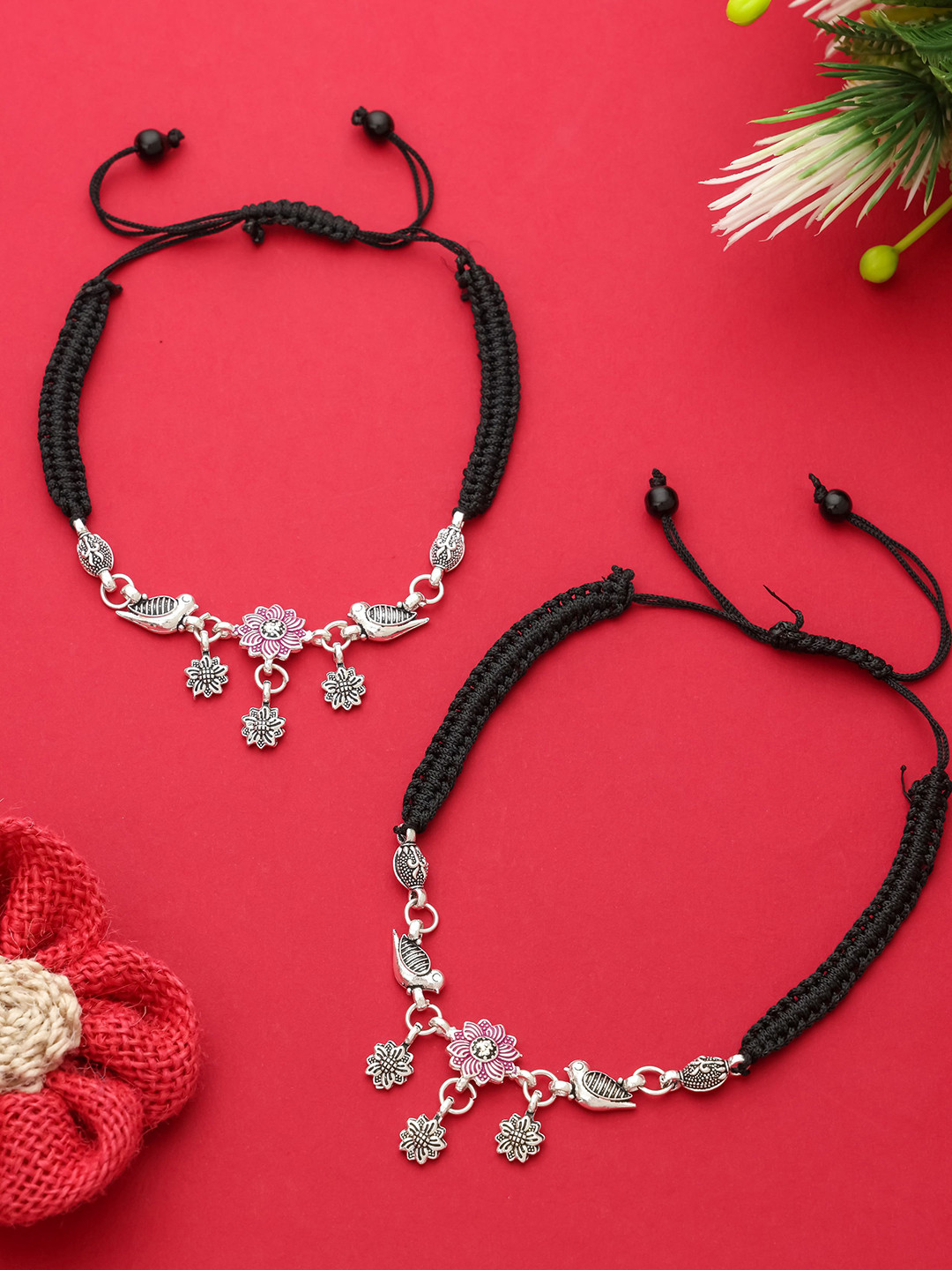 Buy SHREE KRISHNA SHOPPING Set Of 2 Silver Plated Adjustable Anklets ...