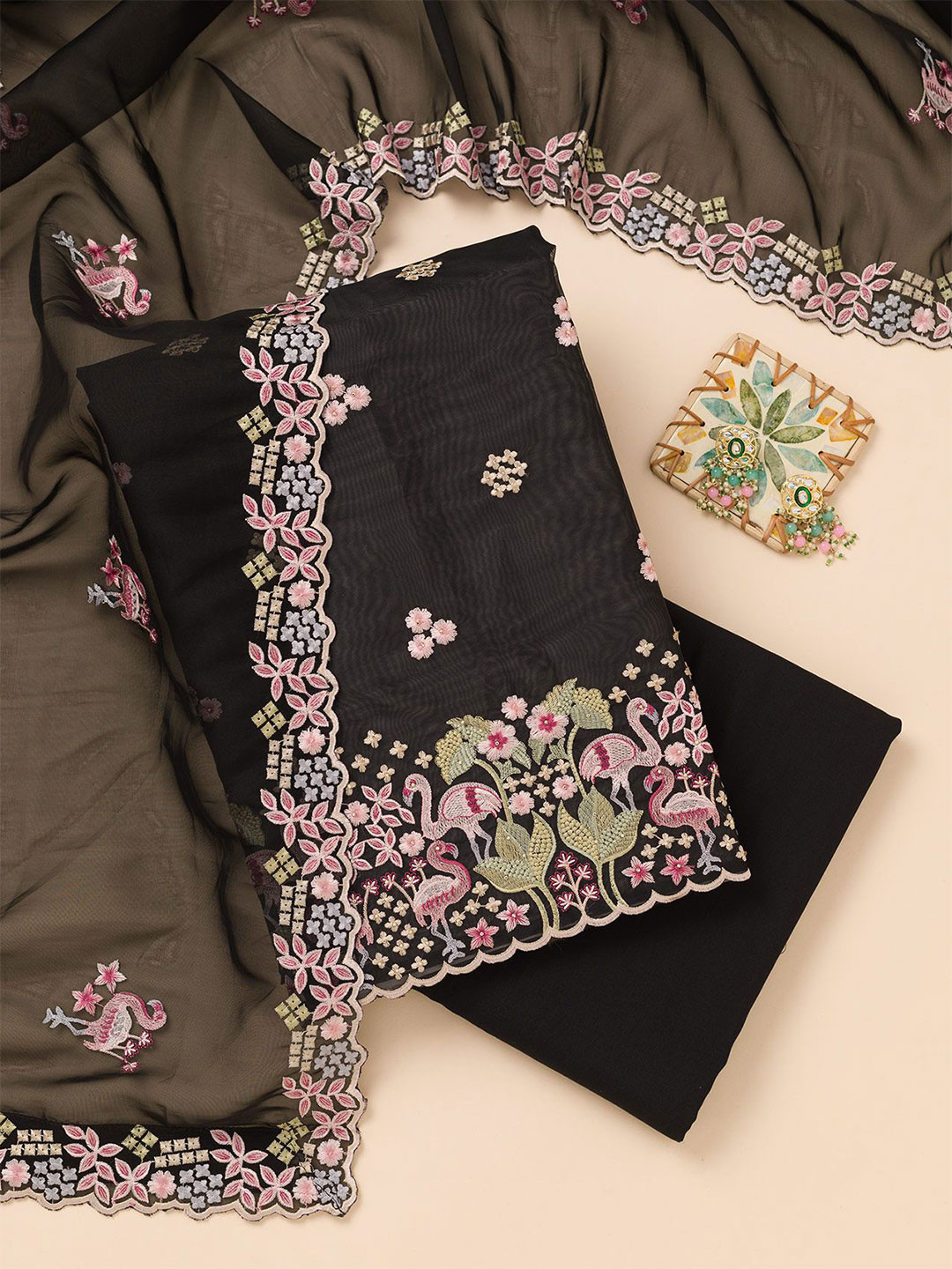 Buy Koskii Floral Embellished Beads And Stones Tissue Unstitched Dress ...