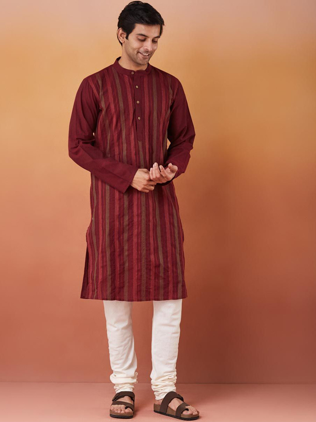 Buy Fabindia Striped Woven Design Band Collar Cotton Slim Fit Straight ...