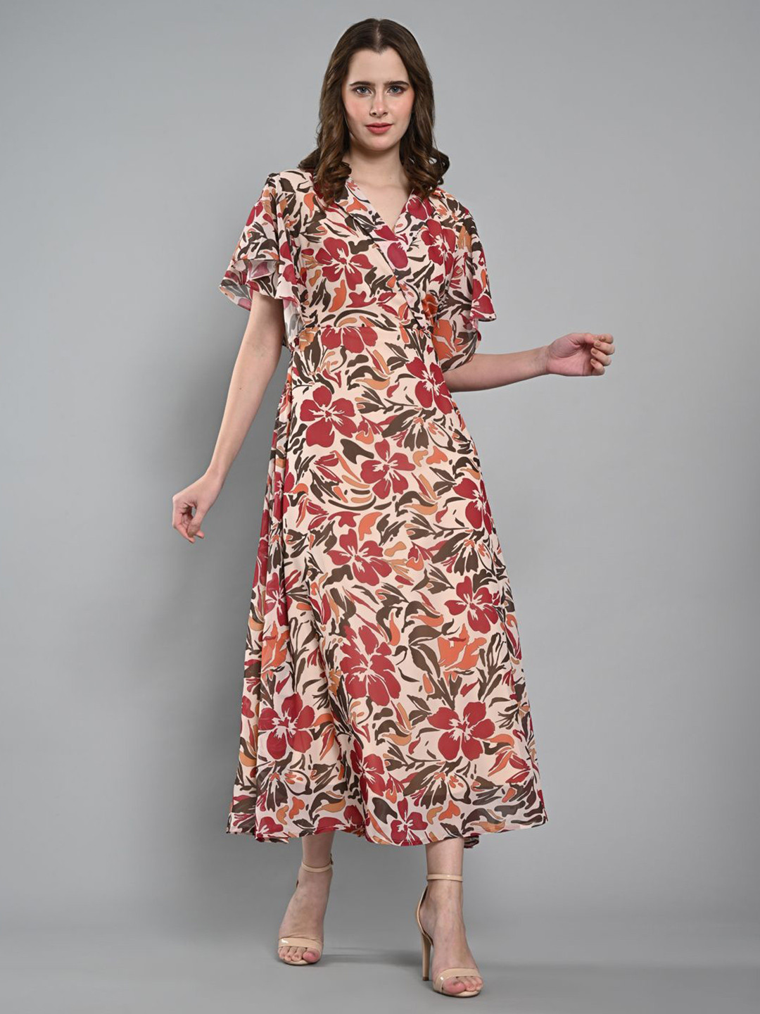 Buy Iti Women Floral Printed Flutter Sleeve Wrap Midi Dress - Dresses ...