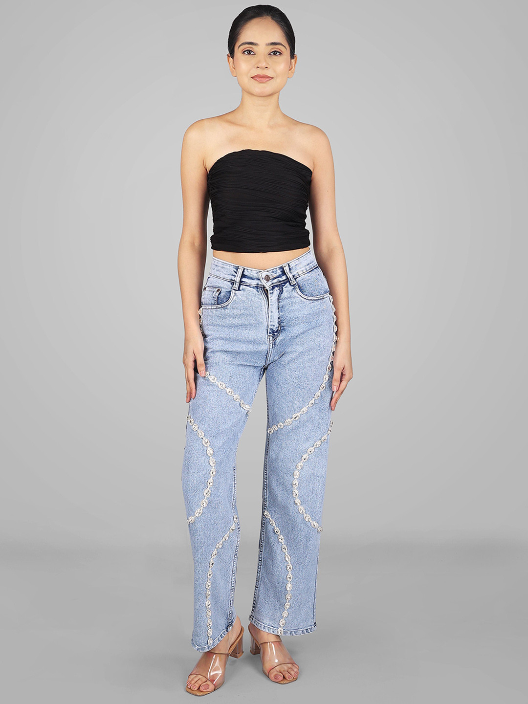 Buy Wear Your Words Women Rhinestone Embellished Wide Leg Jeans Athena ...