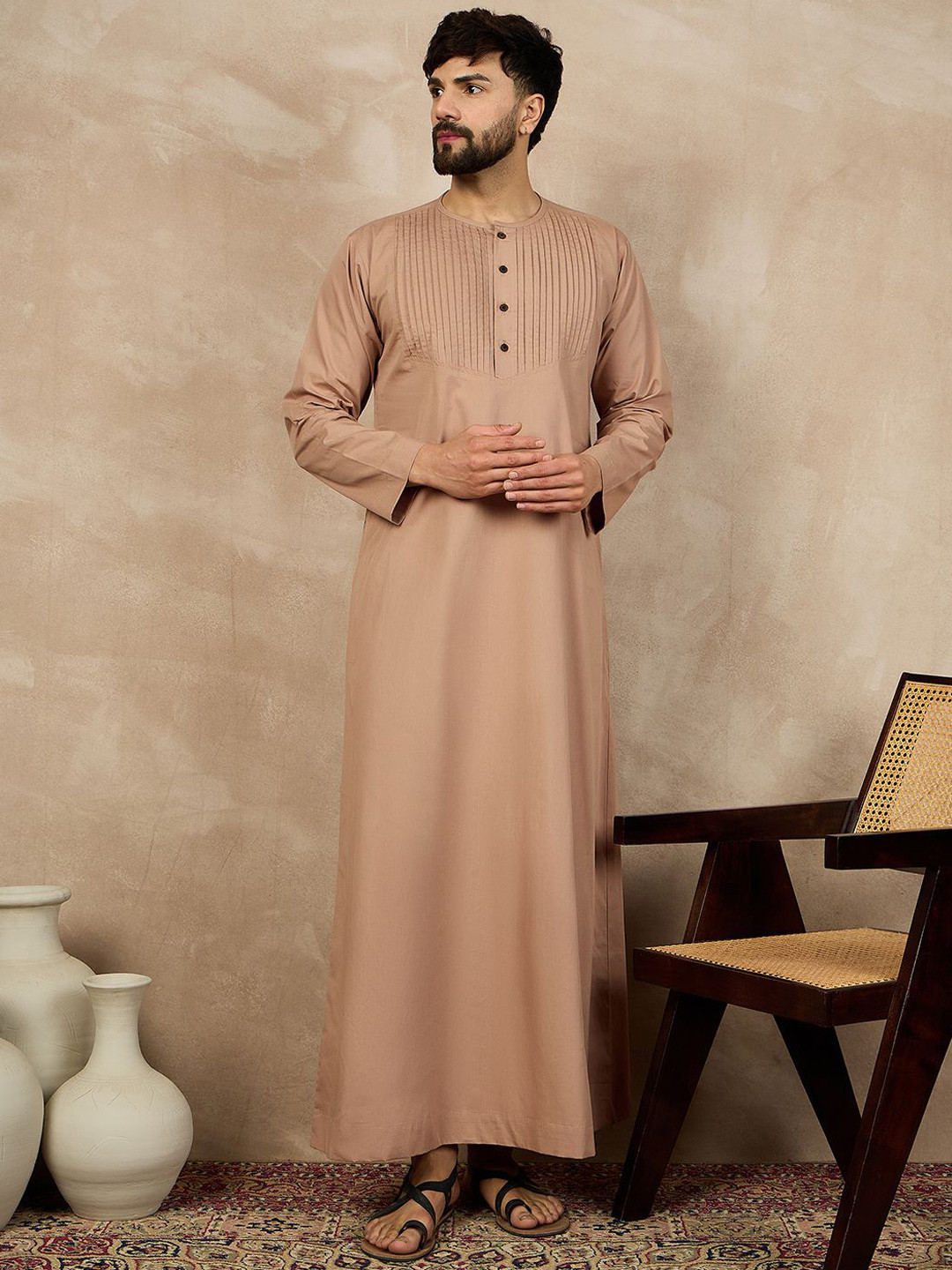 Buy NABIA Men Round Neck Cotton A Line Thobe Kurta - Kurtas for Men ...