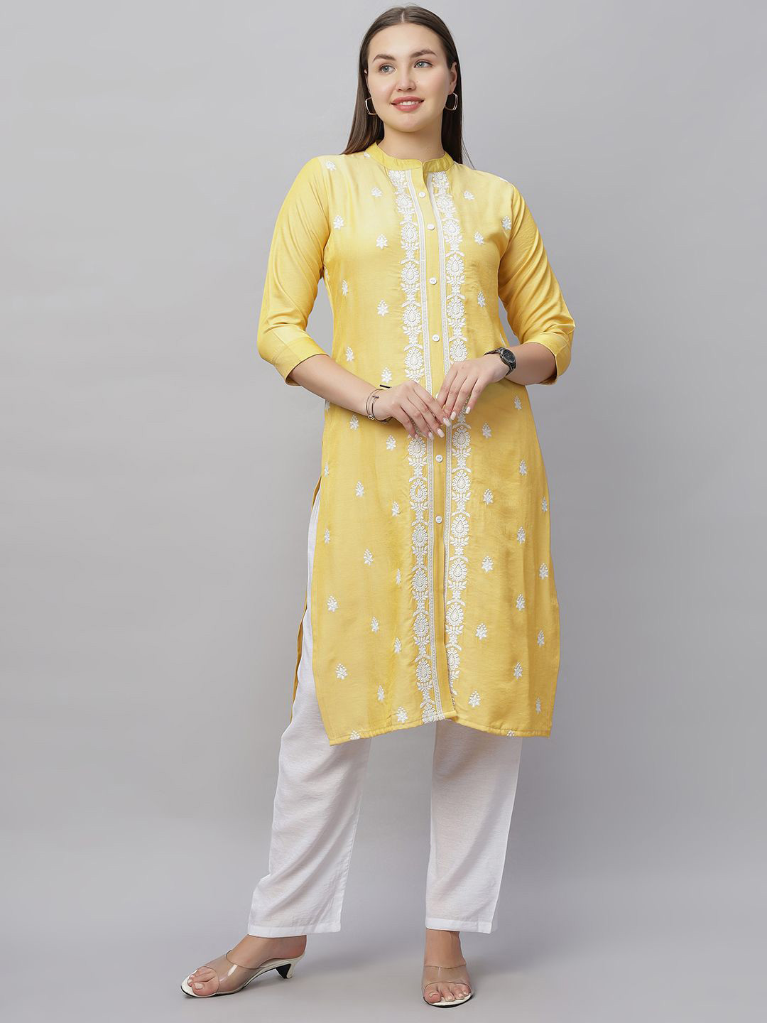 Buy SK Creation Floral Embroidered Mandarin Collar Thread Work Silk ...