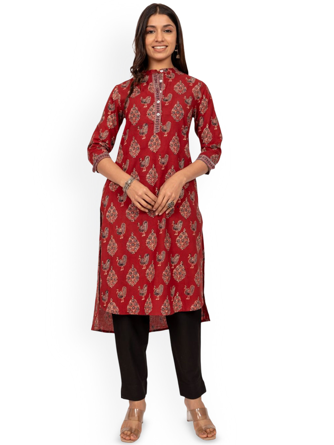 Buy INDIE JHOLA Ethnic Motifs Printed Band Collar Straight Kurta ...