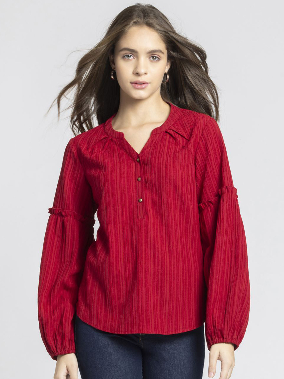 Buy SHAYE Maroon Band Collar Solid Full Sleeves Casual Tops For Women ...