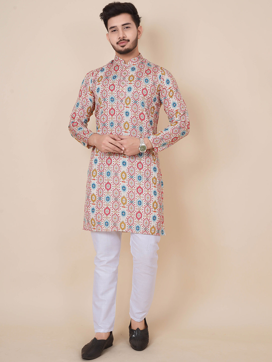 Buy ALMORA Ethnic Motifs Printed Band Collar Straight Pure Cotton Kurta ...