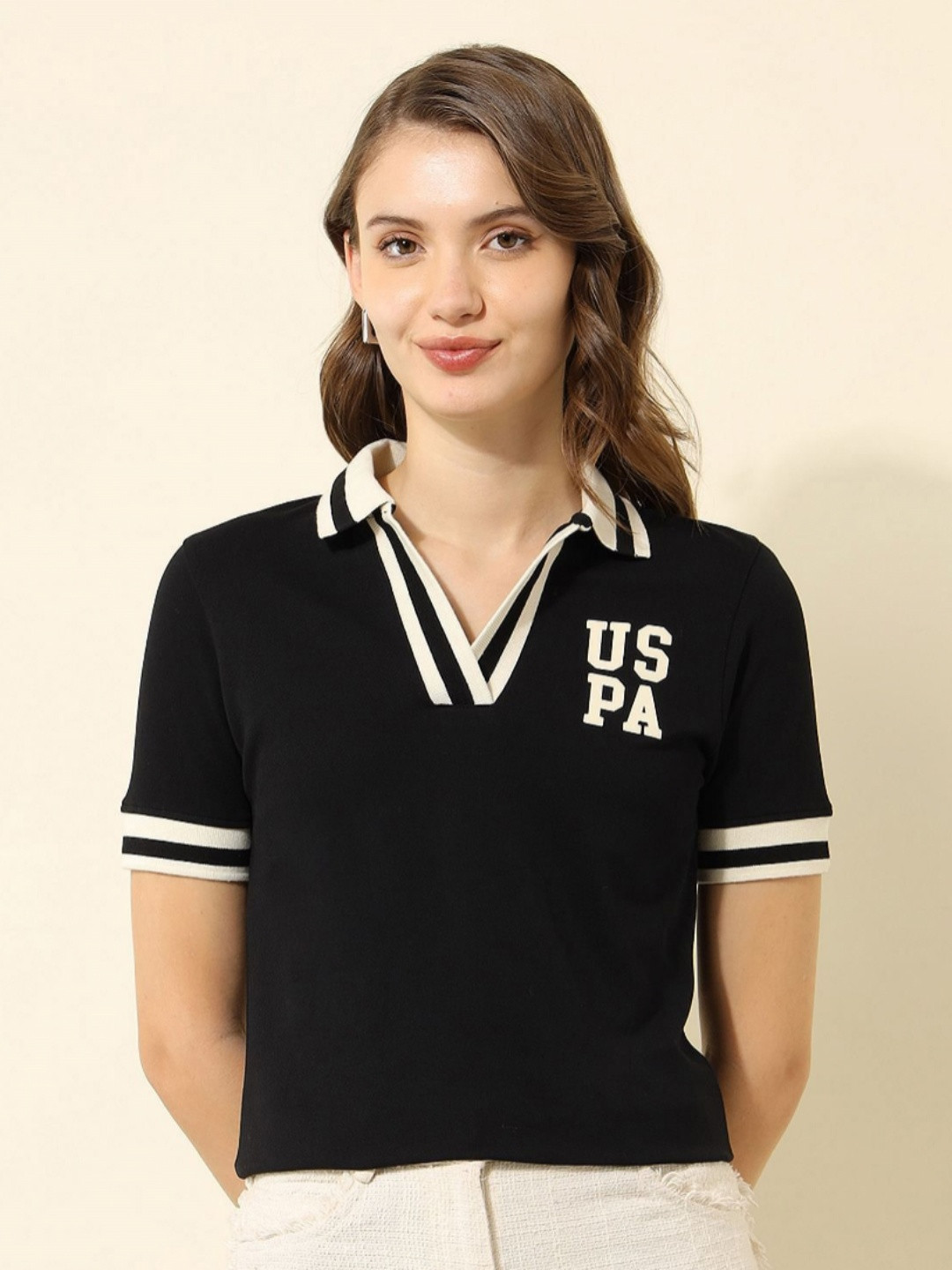 Buy U.S. Polo Assn. Women Typography Printed Polo Collar Regular Fit Cotton T Shirt - Tshirts ...