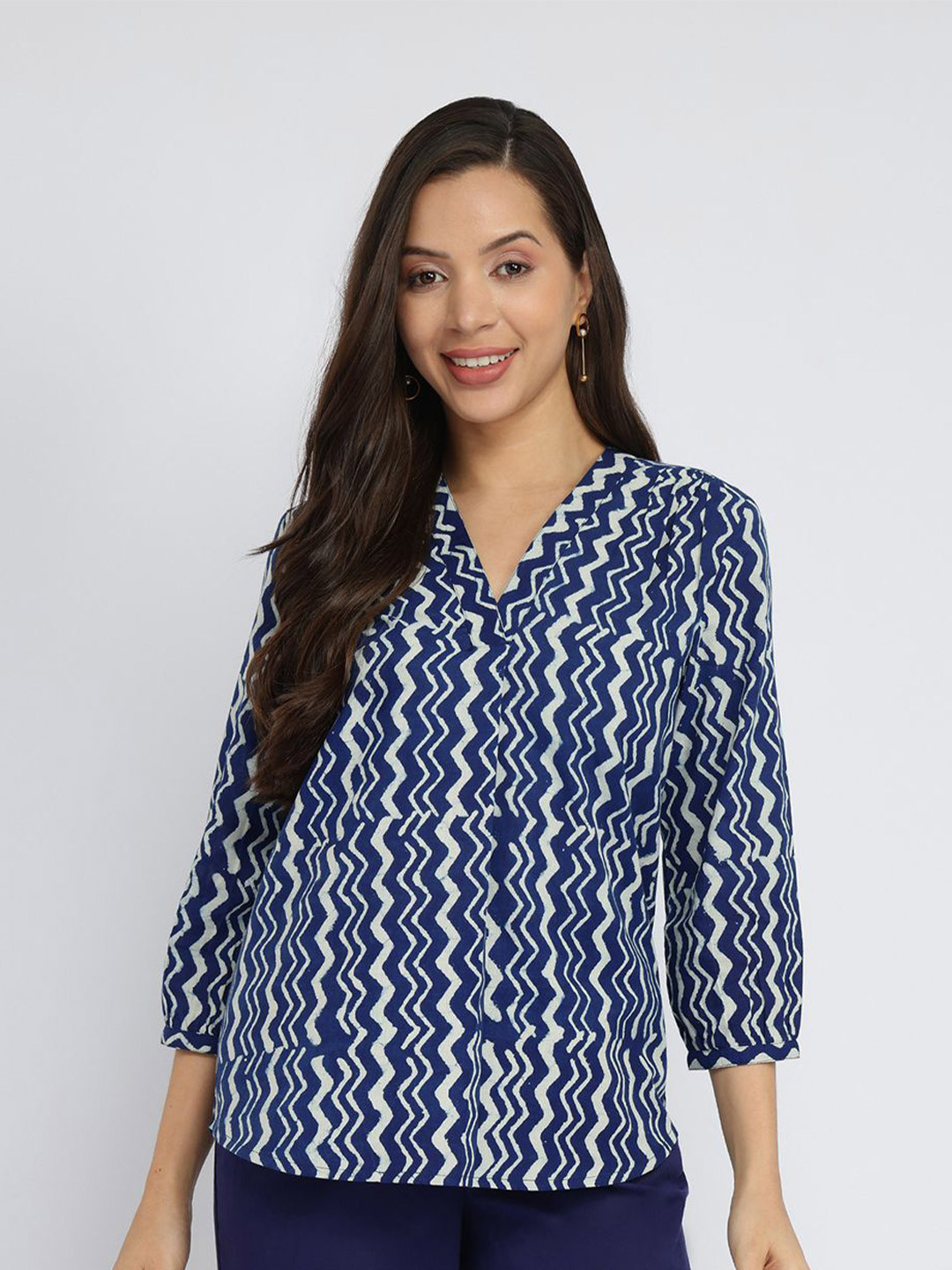 Buy Pink Fort Women Cotton Dabu Chevron Print Top Indigo - Tops for ...