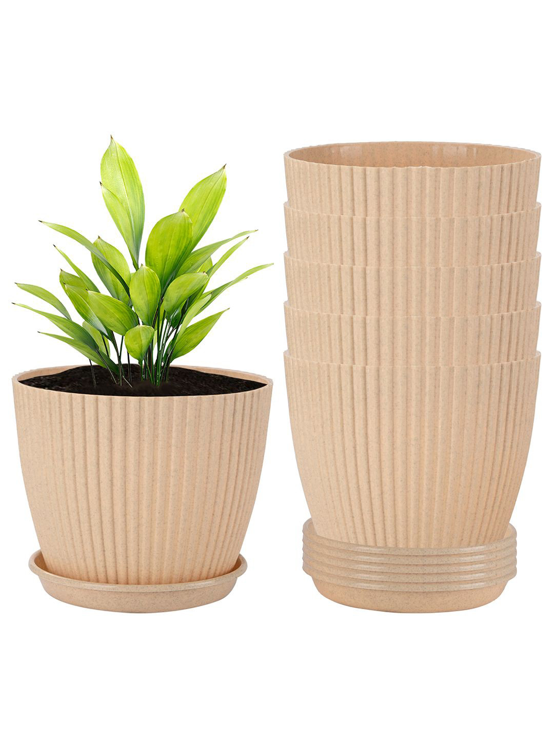 Buy Kuber Industries Beige Set Of 6 Textured Flower Pots With Tray ...