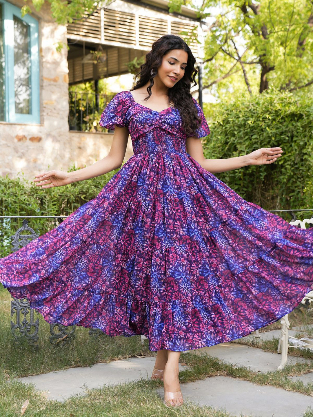 Buy NOUN Women Floral Print Sweetheart Neck Puff Sleeves Maxi Dress ...