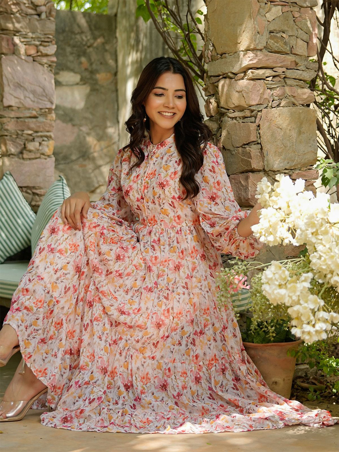 Buy NOUN Women Floral Print Puff Sleeve Tiered Maxi Dress - Dresses for ...