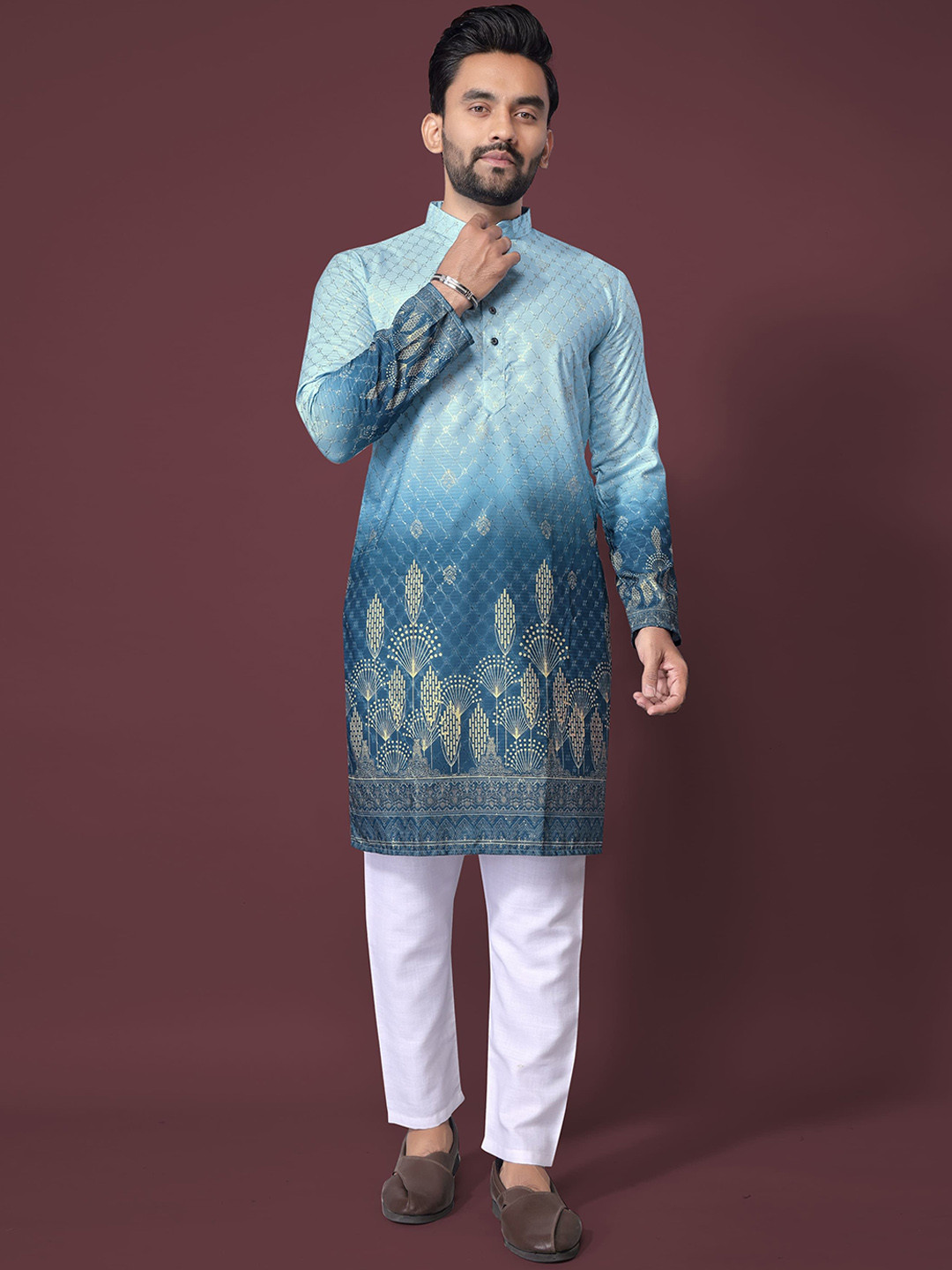 Buy CHARLOTTE GRACIOUS Men Floral Printed Sequinned Shadow Work Kurta ...