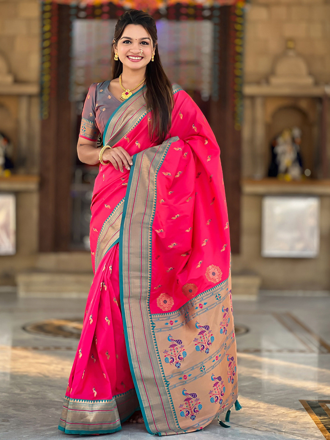Buy Ekta Textiles Woven Design Zari Pure Silk Paithani Saree - Sarees ...