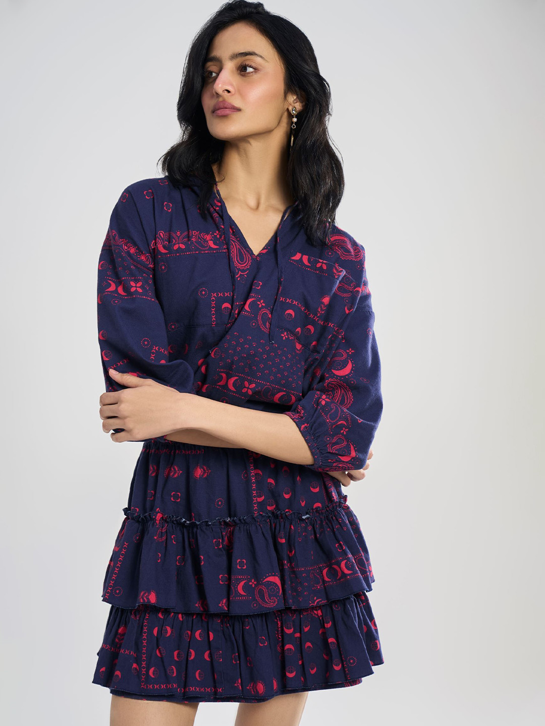 Buy Terra Luna Women Tie Ups Neck Layered Cotton Fit & Flare Dress ...